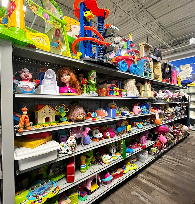 The toy section resembles a colorful time machine. Spot characters from your childhood nestled beside today's favorites—nostalgia at bargain prices.