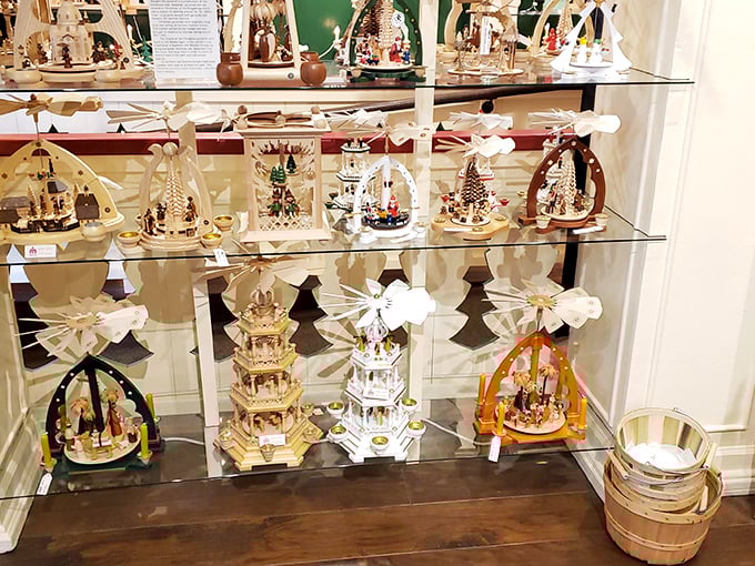 These wooden Christmas pyramids are engineering marvels—candle heat spins the propellers, bringing miniature carved scenes to life.