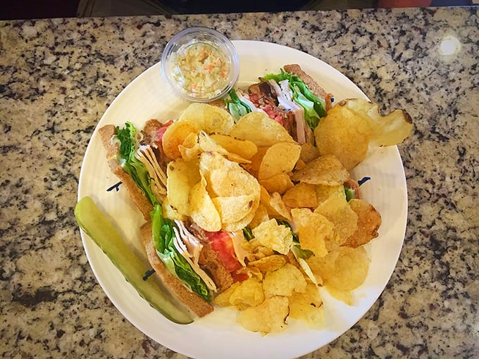 Club sandwich architecture at its peak – layers stacked higher than your morning ambitions, chips included.