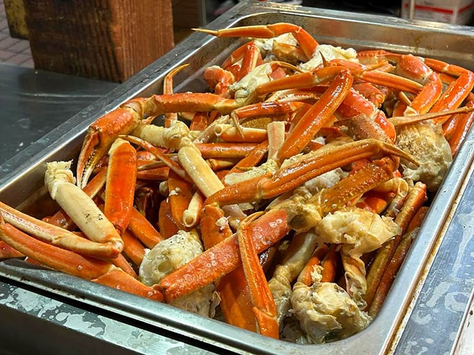 Snow crab legs piled high – nature's way of saying "you're going to need those extra napkins" and "yes, it's worth the effort."