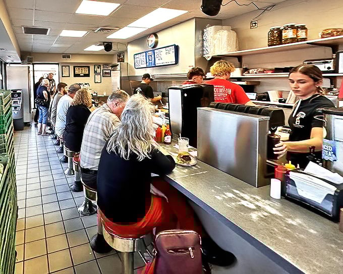 The counter ballet—regulars and newcomers alike performing the synchronized ritual of American diner dining at its most authentic.