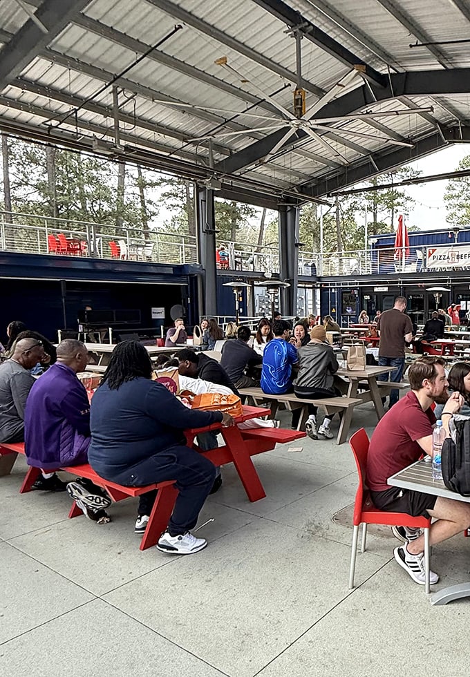 The communal dining experience at Boxyard RTP—where strangers become friends over the universal language of "pass the sauce, please." 