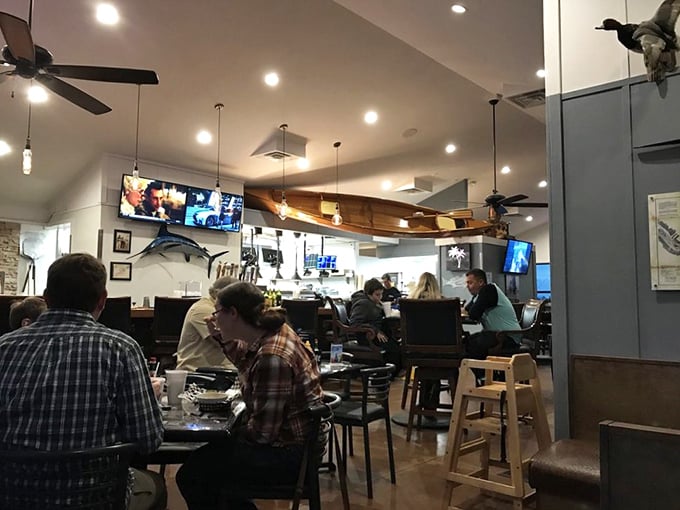 Where strangers become friends over seafood. The lively dining room buzzes with the sound of people having a better time than they expected.