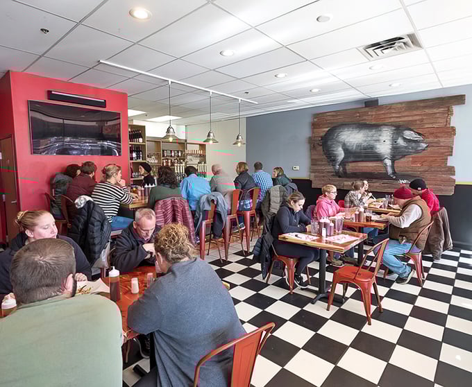 The universal language of barbecue brings strangers together in silent appreciation. Notice the lack of conversation—everyone's too busy experiencing meat nirvana.