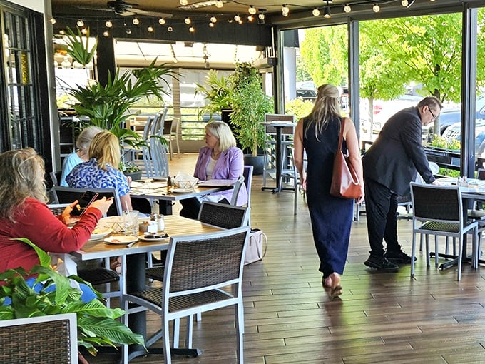 The sun-drenched patio offers a perfect setting for that "I'm-definitely-ordering-dessert" conversation with friends.