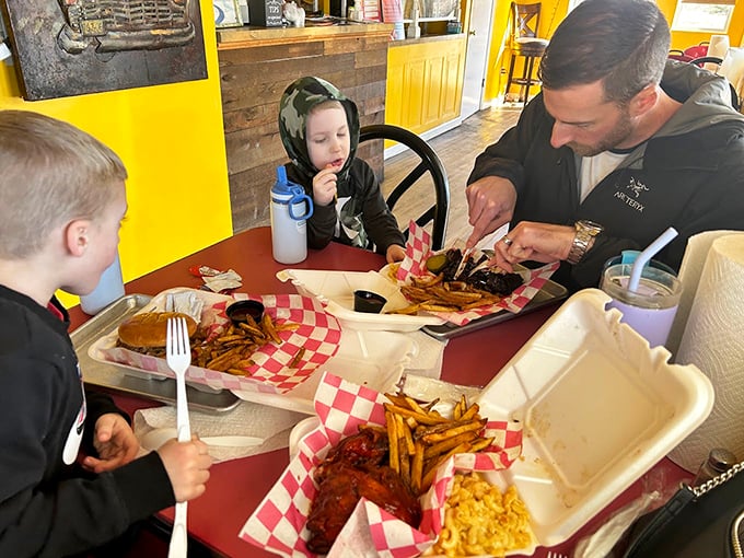 The universal language of barbecue bringing families together—notice nobody's looking at their phones when there's meat this good.