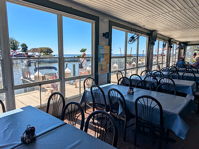 Floor-to-ceiling windows ensure you never forget you're dining waterside, where every table comes with a side of spectacular bay views.
