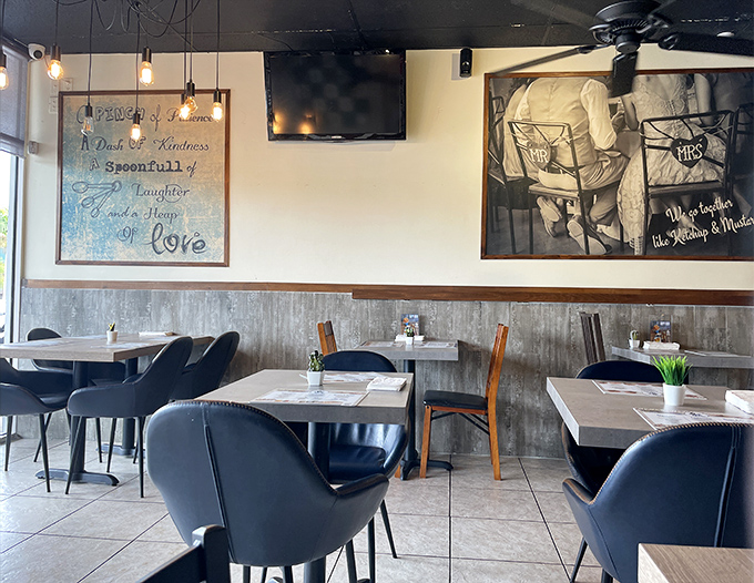 The dining area feels like that cool friend's apartment—stylish yet approachable, with art that gives you something to ponder between bites.