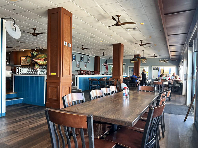 Modern nautical meets comfort dining – where every table feels like the captain's table on a luxury liner.