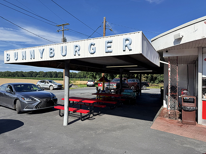 The BUNNYBURGER sign stands guard over picnic tables where memories are made between bites of Pennsylvania's most beloved roadside fare.