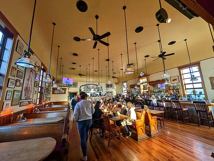 Where strangers become friends over shared tables. The warm wood floors and church-height ceilings create Michigan's most distinctive dining room.