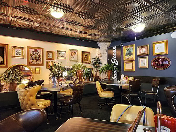 The dining area feels like your coolest relative's living room – if that relative had impeccable taste and an impressive art collection.