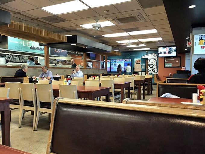 The dining area isn't just a room with tables—it's a community gathering spot where strangers become friends over pickle spears.