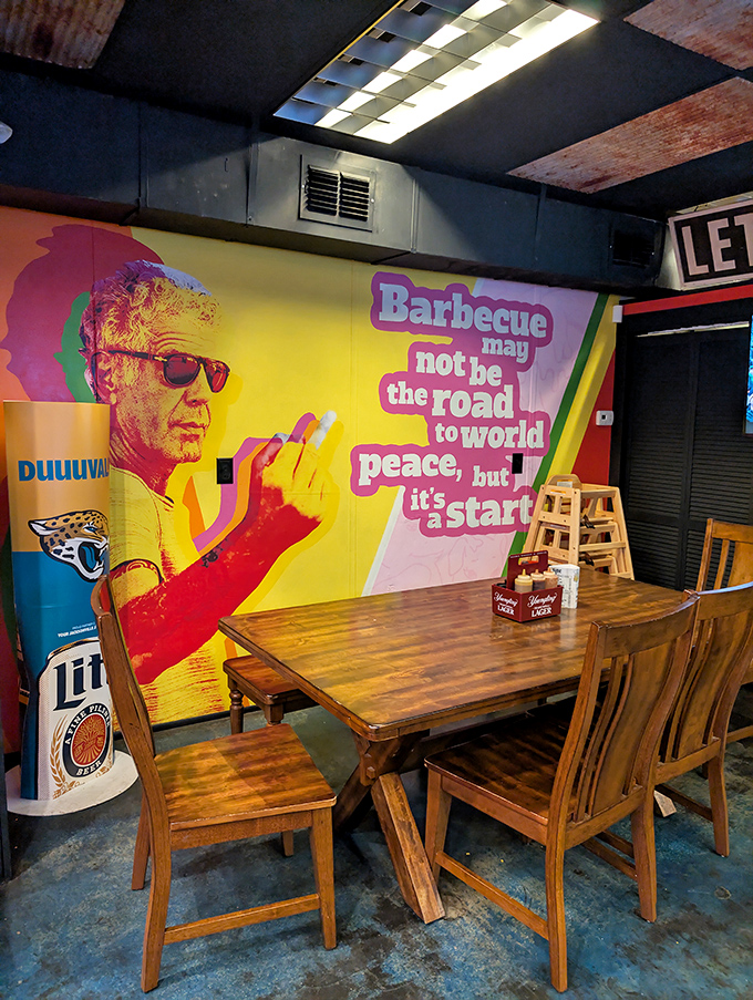 The wall art says it all—barbecue might not bring world peace, but it's certainly a delicious place to start.