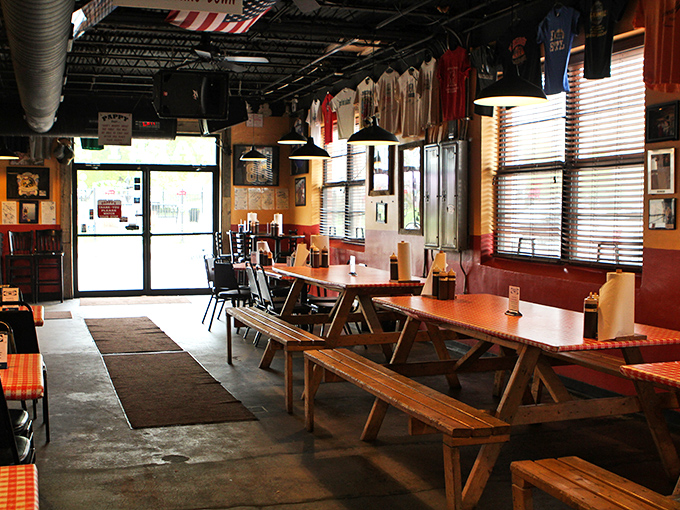 Picnic tables inside mean you'll make friends whether you planned to or not—barbecue has a way of breaking down walls.