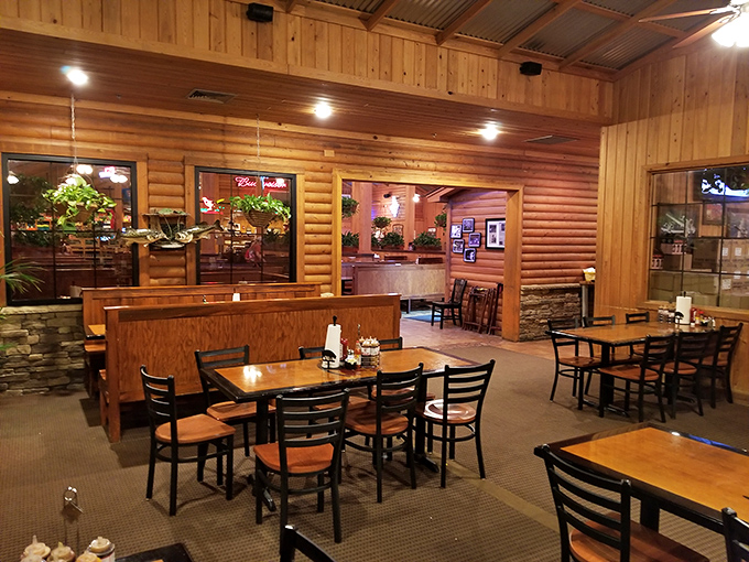 The dining area feels like the world's most delicious cabin retreat. No wonder people drive for hours just to sit at these tables.