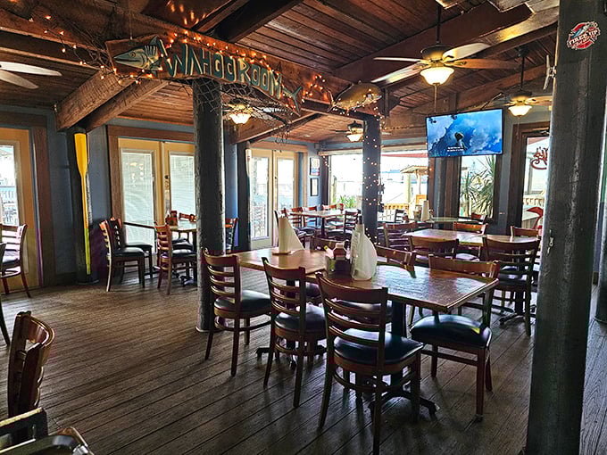 The dining room feels like the world's coziest ship cabin, where every table promises both comfort and the anticipation of seafood bliss.