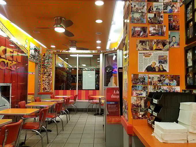 The walls tell stories of satisfied customers past while the orange and red décor practically shouts, "Good times happening here!"