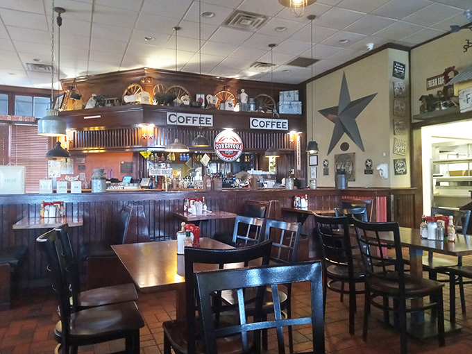 The dining area balances rustic charm with practical comfort, like your favorite pair of boots that somehow look good with everything.