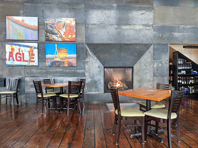 The slate fireplace wall isn't just architectural eye candy—it's the perfect backdrop for winter storm watching with a warm belly.