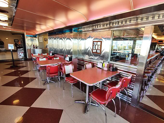 Checkerboard floors and chrome fixtures create the perfect backdrop for breakfast dreams. Every table promises the possibility of pancake perfection.
