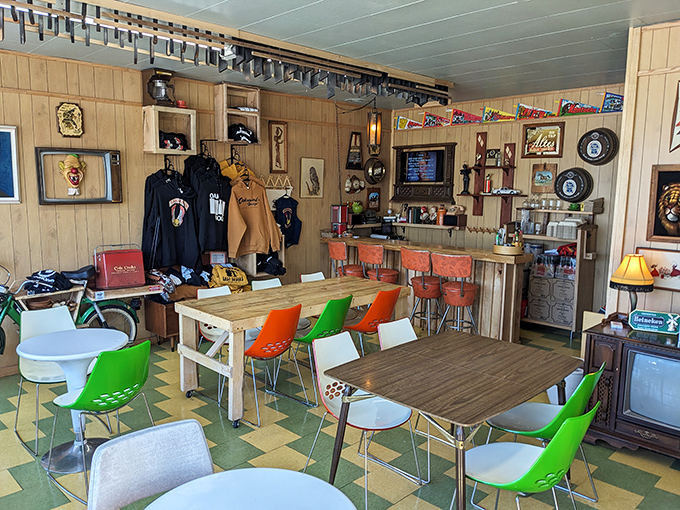 Retro meets modern in this playful dining space. The colorful chairs aren't just seating—they're an invitation to linger in a space where nostalgia and great food share the same table.