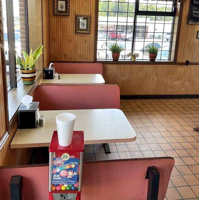 Window seats where regulars have watched Florence change through the decades. The gumball machine stands guard, a sentinel of simpler pleasures.