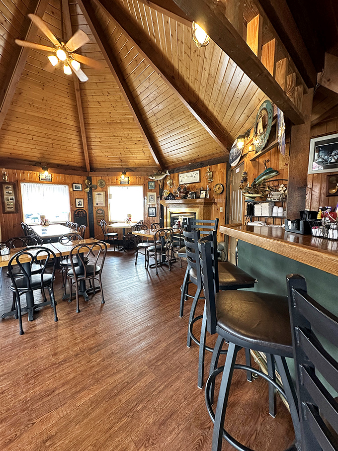Cathedral-like wooden ceilings and nautical charm create a dining room that feels like the world's coziest ship's galley.