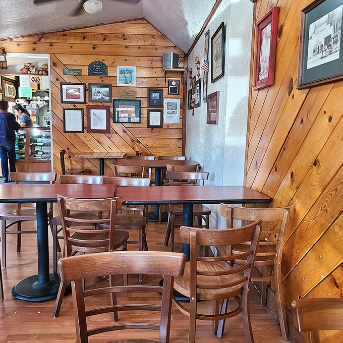 The rustic wooden interior feels like grandma's kitchen got an upgrade—warm, inviting, and promising delicious memories in the making.