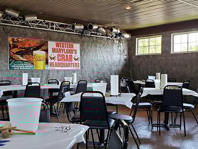 "Western Maryland's Crab Headquarters" isn't just a sign—it's a promise. Simple tables set for serious eating, not Instagram posturing.