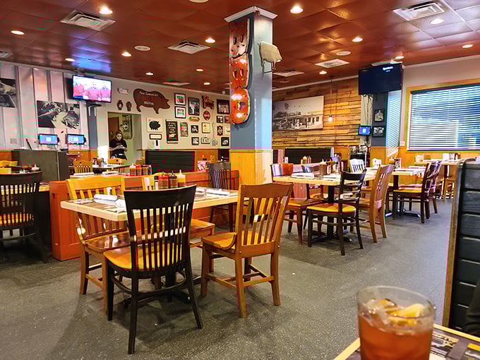 The dining room where calories don't count and diet plans come to die happily. Wood, warm lighting, and the promise of meat—what more could you ask for?