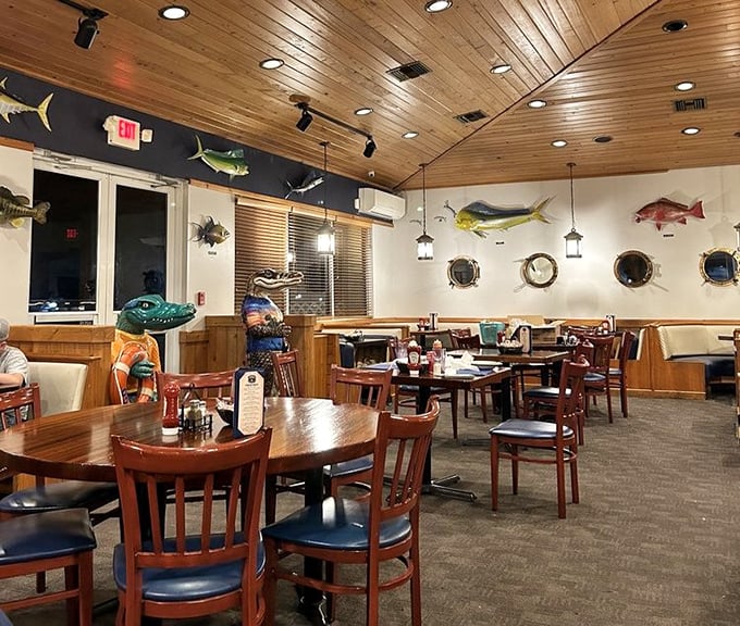 Wooden ceilings, mounted fish, and nautical lighting create the perfect backdrop for seafood consumption—like dining in a boat captain's trophy room.