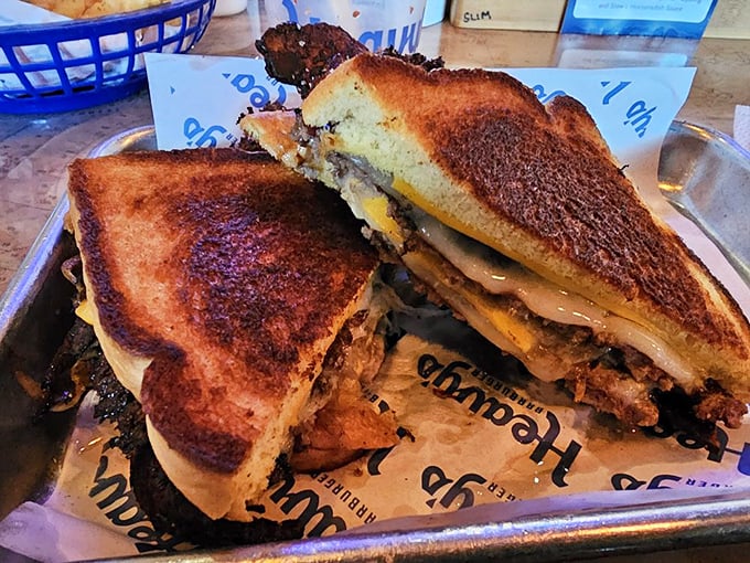 This double patty melt with bacon isn't just a sandwich—it's an architectural achievement of meat, cheese, and toasted bread.
