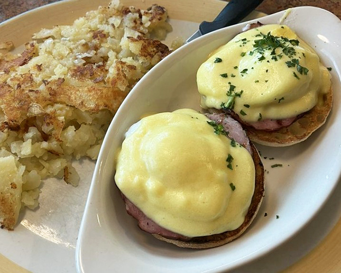 Eggs Benedict executed with textbook precision—hollandaise sauce cascading over Canadian bacon like a yellow waterfall of breakfast bliss.