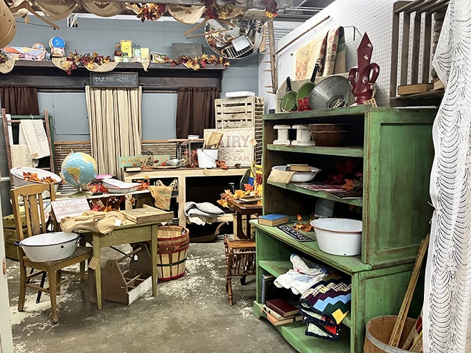 Farmhouse chic before it was trendy—that green cabinet has probably held everything from preserves to PlayStation controllers over its lifetime.