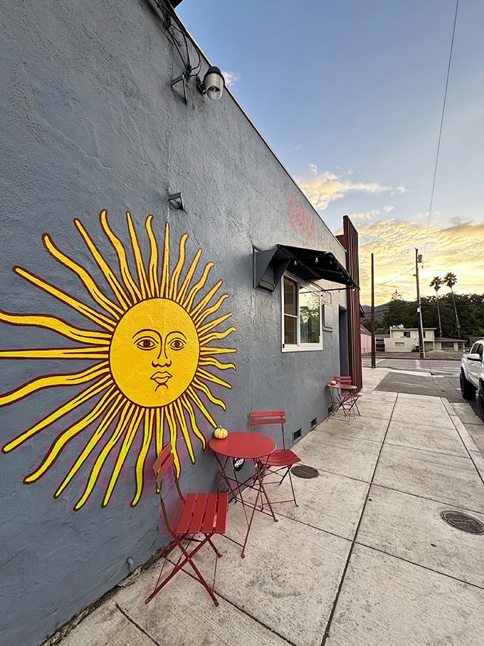 That sun mural isn't just decoration—it's a weather forecast for most days in Ukiah, where outdoor seating isn't a seasonal concept but a way of life.