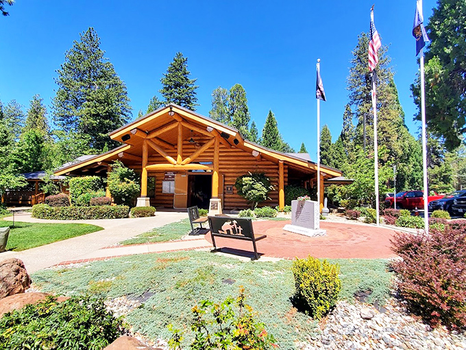 The Veterans Memorial Hall stands as both community gathering place and tribute. Its sturdy log construction feels quintessentially Californian—where rustic meets reverence.