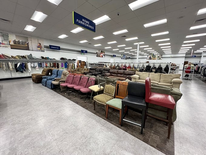 The furniture section: where mid-century meets last-century in a delightful hodgepodge of seating possibilities. Comfort at clearance prices!
