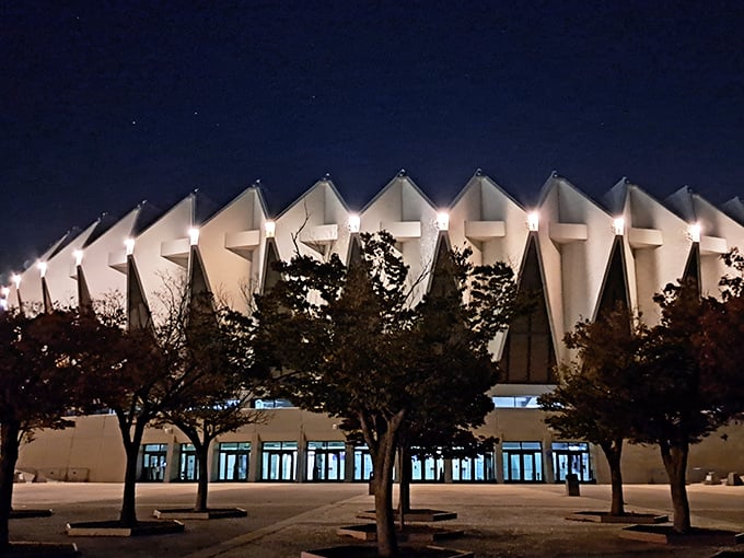 The Hampton Coliseum's distinctive crown-like architecture transforms into a beacon of entertainment when night falls and the lights come alive.