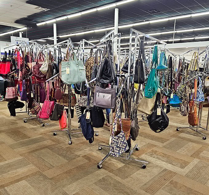 Handbag heaven—where yesterday's must-have purses hang like colorful fruit, ripe for the picking at prices that won't break the bank.