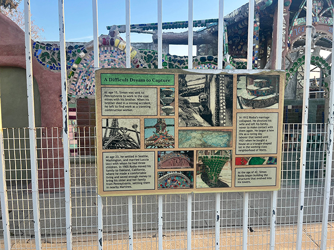 History on display—this informational panel offers glimpses into Rodia's remarkable journey from Italian immigrant to visionary artist.