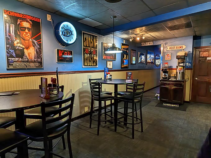 Movie posters and memorabilia create a dining backdrop that's part sports bar, part film museum. The Terminator watches approvingly as you demolish your meal.