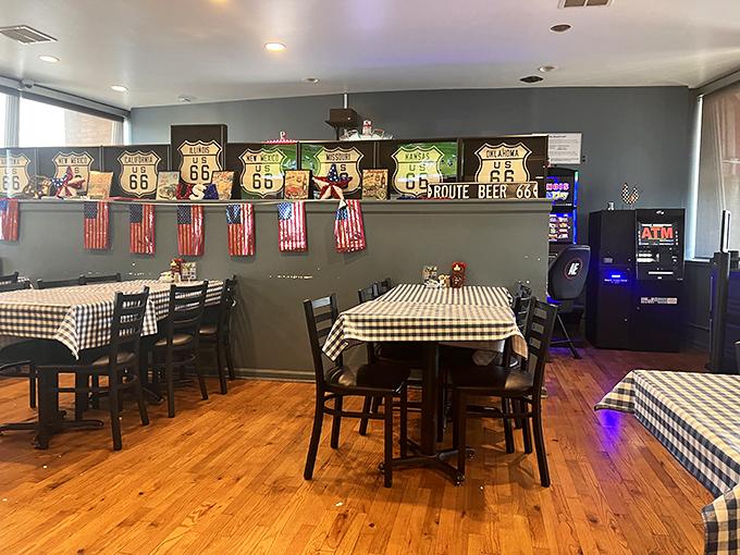 Route 66 memorabilia lines the walls, telling stories of road trips past while you create new memories over comfort food.