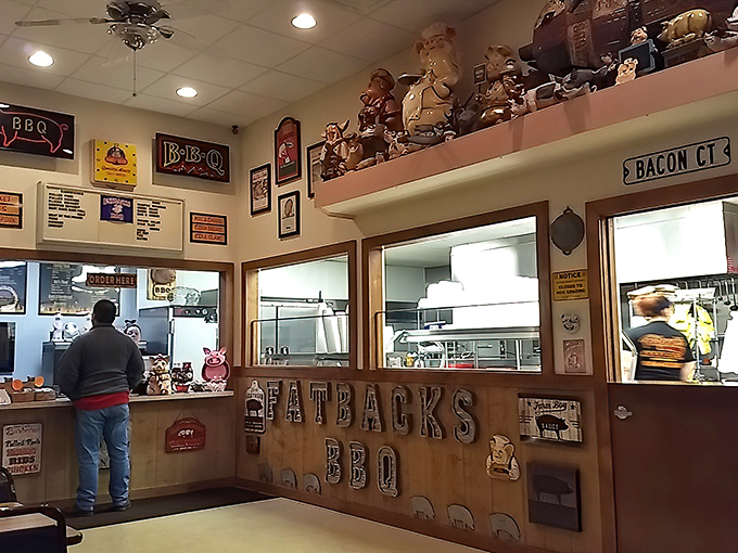 BBQ memorabilia isn't decoration—it's proof of devotion. This shrine to smoked meat tells you they're serious about what comes out of that kitchen.