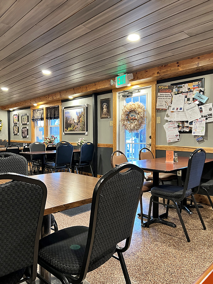 The dining room's rustic charm comes from genuine Pennsylvania heritage, not some corporate designer's "rural aesthetic" Pinterest board. Those wooden beams have stories.