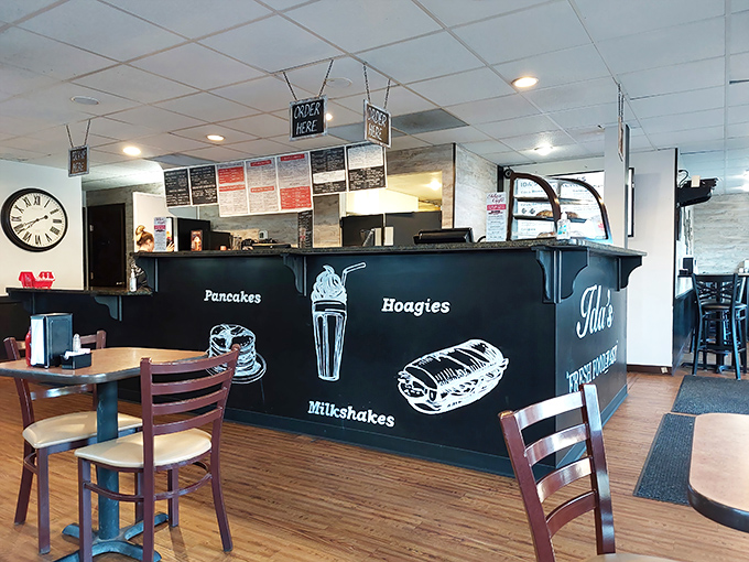 The counter at Ida's tells you everything you need to know: pancakes, hoagies, and milkshakes—the holy trinity of diner perfection.