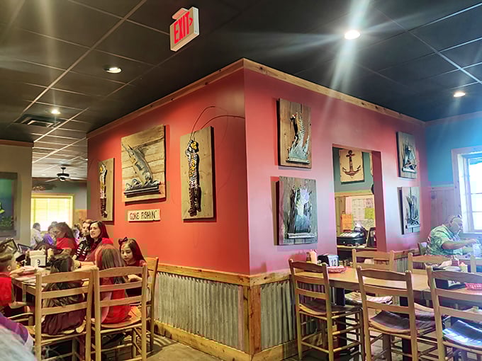 Coral walls and fishing décor create an atmosphere where calories don't count and seafood stories get better with each telling.