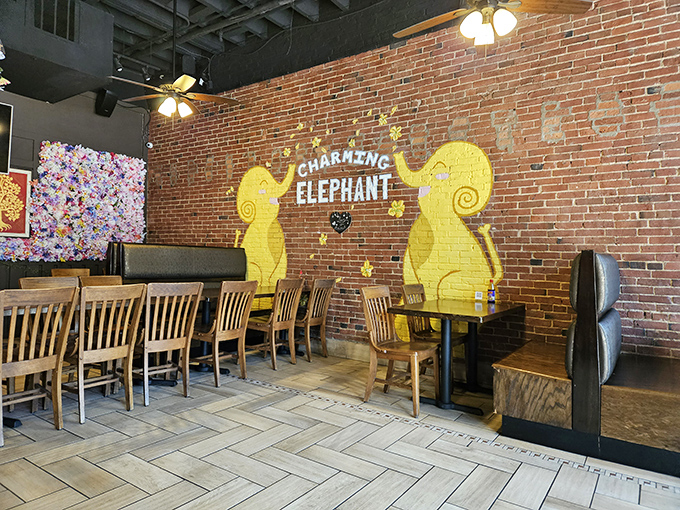 "Charming Elephant" reads the wall art – an unexpected whimsical touch in this temple of maritime delights.