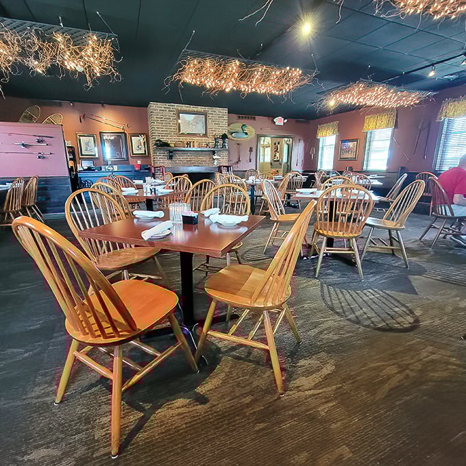 Windsor chairs and twinkling lights create a dining room that feels both special and comfortable, like your fancy friend's house where you can still put your feet up.
