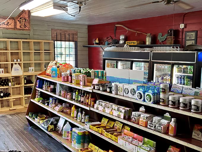 The general store part of this equation isn't just for show—real shelves with real supplies for real folks who might need more than just lunch.